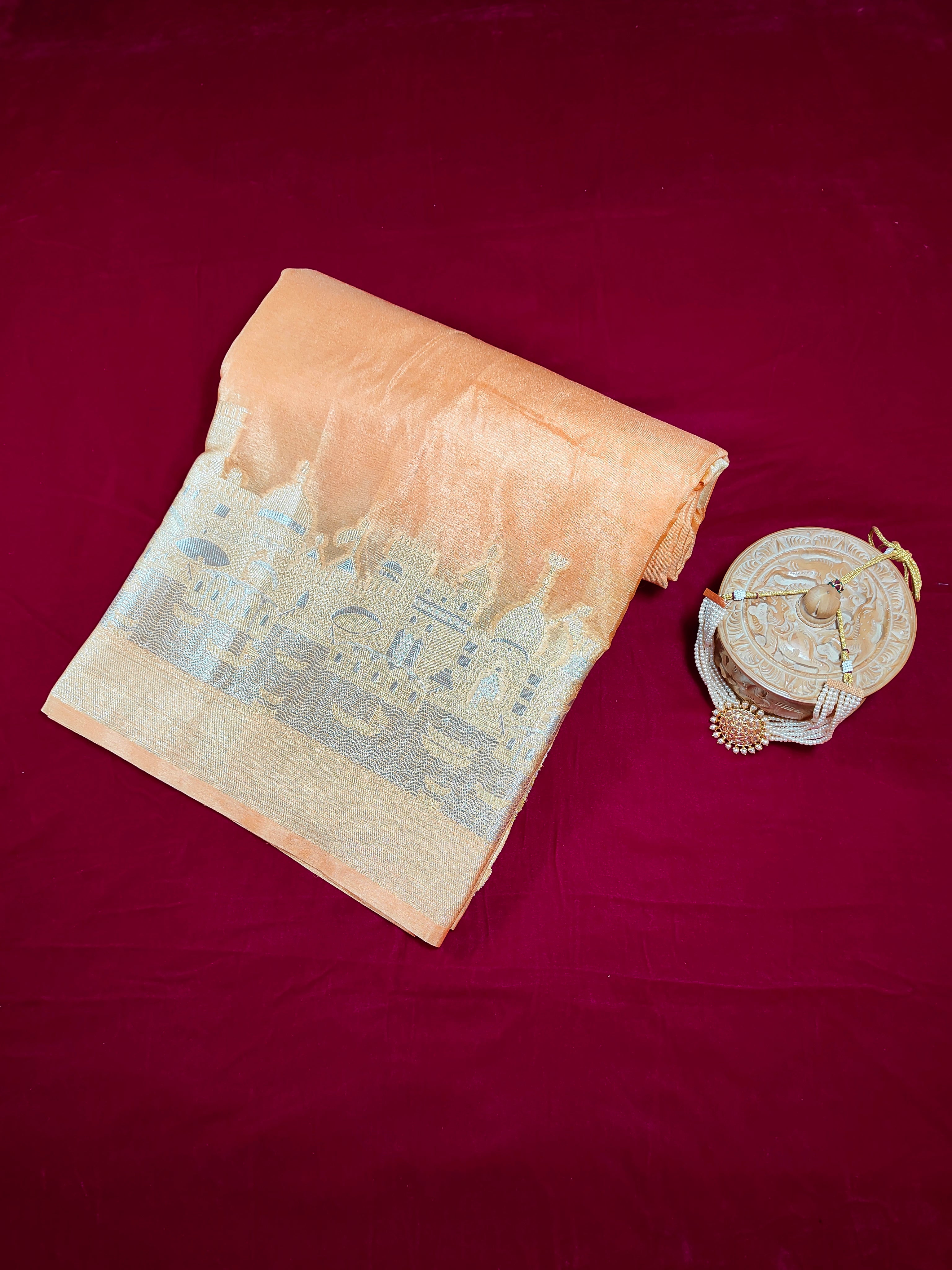 Peach Kashi Ghat Pattern Banarasi silk saree – Vandana Silks Banaras